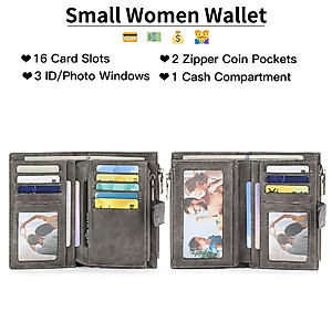 GOIACII Womens Wallets Rfid Credit Card Holder with 2 Zipper Pockets, 3 ID Windows Ladies Purse Leather