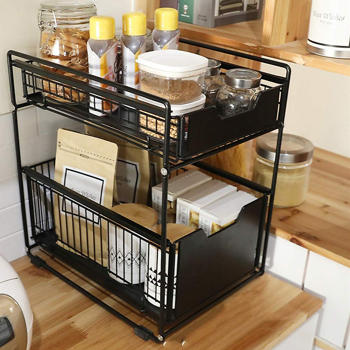 KirinRen Stackable 2-Tie Under Sink Cabinets Organizer With Sliding Storage Drawer, Pull Out Cabinets Organizer Shelf, Sliding Basket Organizer Drawer For Kitchen, Bathroom, Office (black)