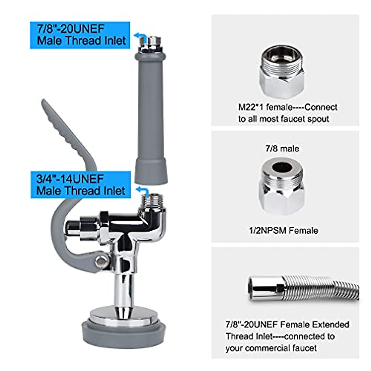 KOLLNIUN Spray Valve with Pre-Rinse Hose 44 inches Commercial Flexible Stainless Steel 1.42 GPM High Pressure Pre Rinse Dish Sprayer Assembly for Restaurant Industrial Kitchen Faucet, Gray