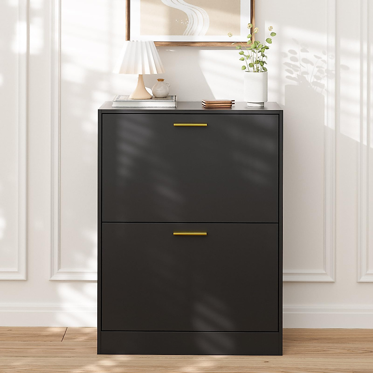 LYNSOM Shoe Cabinet, Free Standing Tipping Bucket Shoe Rack Organizer with 2 Flip Drawers, Modern Entryway Shoe Storage with Top Display, Narrow Slim Hidden Shoe Cabinet (Black)