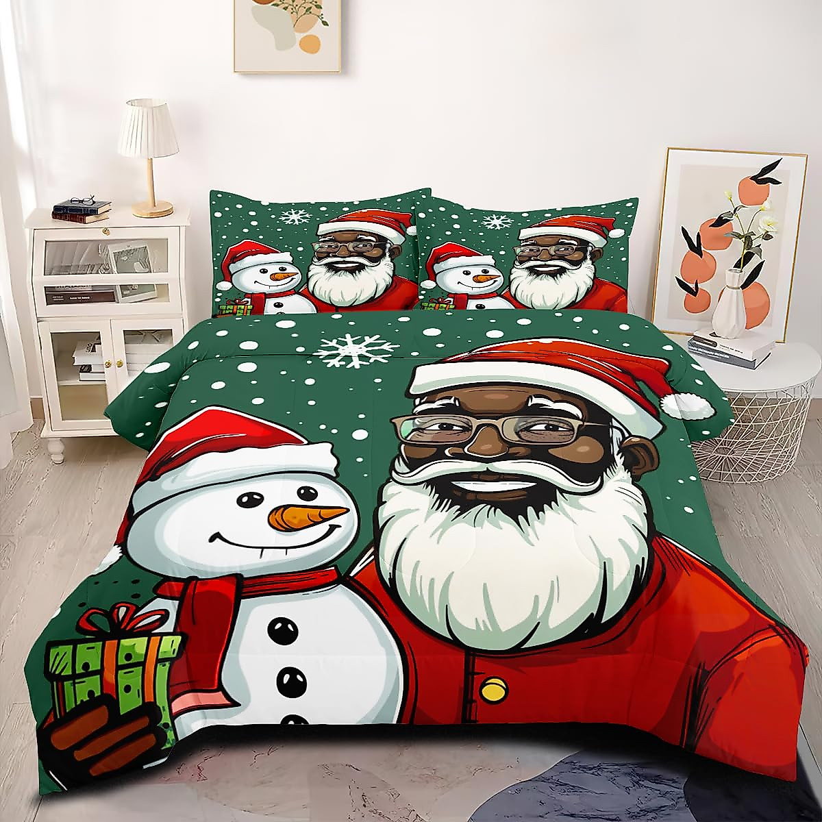 CCoutueChen Black Santa Claus Comforter Set Queen Size,Cute Cartoon Snowman Bedding Set for Kids Children,Green Christmas Holiday Decor Comforter,3Pcs Soft Warm Bed Set with 2 Pillowcases(90 * 90)