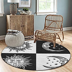 Comfortable Bedroom Living Room Decoration Sun and Moon Black and White Round Area Rugs Soft Flannel Mat Carpet, Fashion and Funny Play Mat with Non-Slip Bottom Protection, 24 Inches