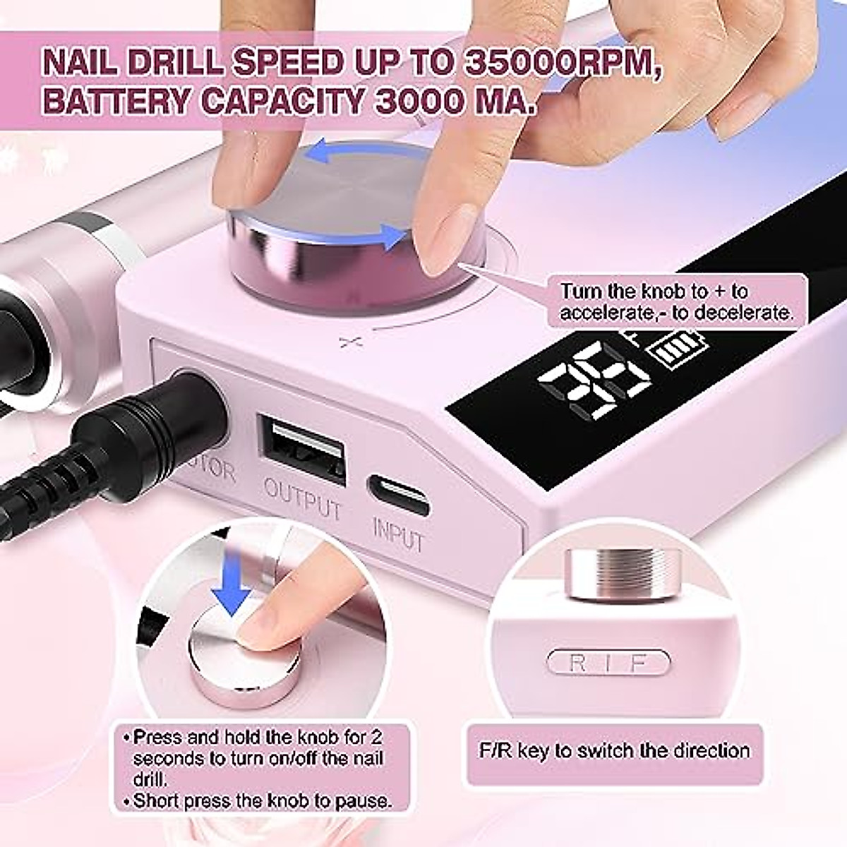 Professional Nail Drill Machine,Electric Acrylic Gel Nails Kit Portable E File 35000RPM Rechargeable Manicure Pedicure Polishing Shape Tools for Home and Salon (UV-501（Multicolor）)