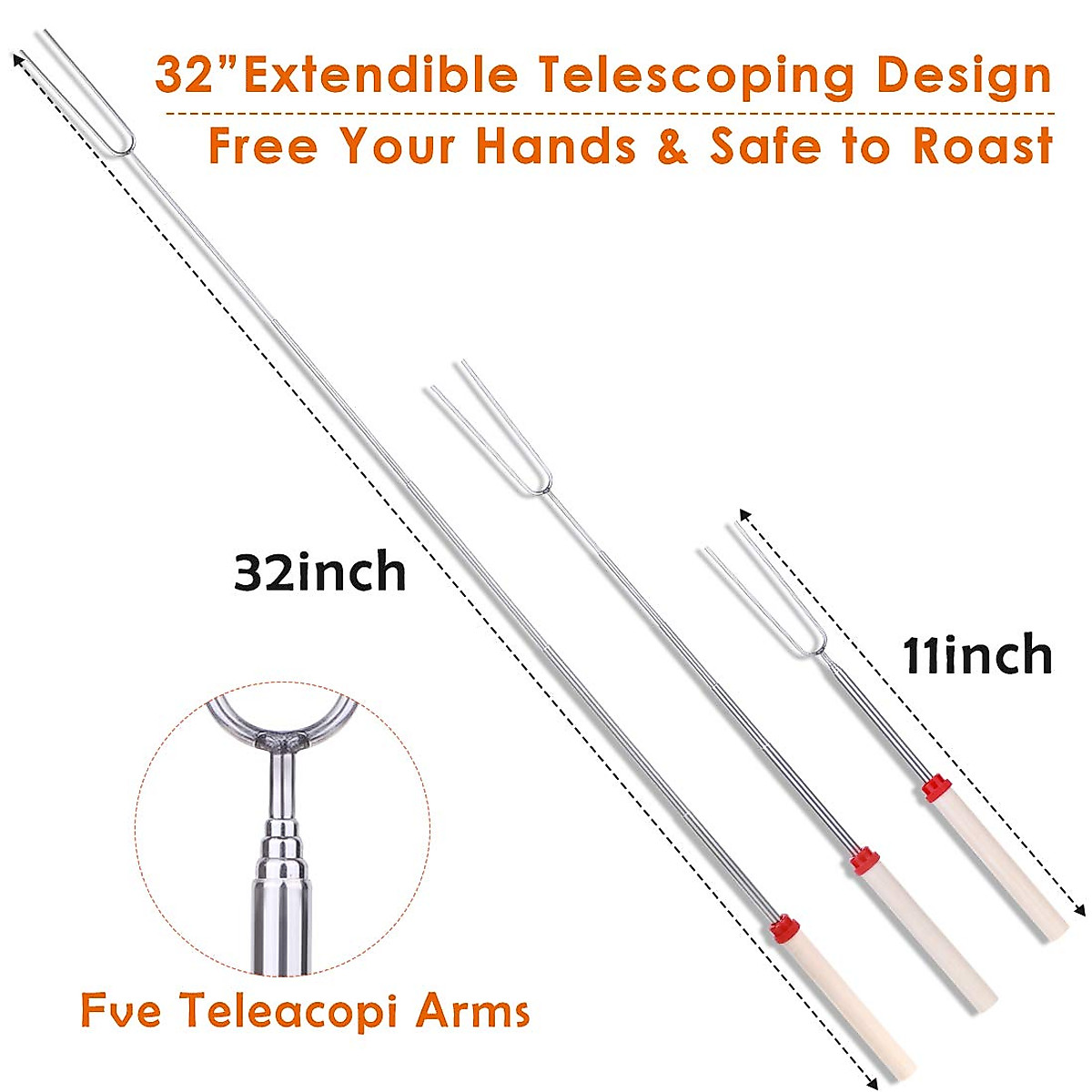 Marshmallow Roasting Sticks, Smores Skewers for Fire Pit, with Wooden Handle, Stainless Steel Telescoping Roasting Sticks, 32” Extendable Smores Sticks for Fire Pit, Campfire and Sausage BBQ Set of 6