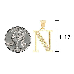 LoveBling 10K Yellow Gold Diamond Cut A to Z Alphabet Initial Letter Charm Pendant (Medium Size) (N) (1.17")