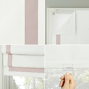 Sun Zero Marline Pink Ribbon Border Stripe 100% Blackout Cordless Roman Shade, 35" x 64", Pink/White