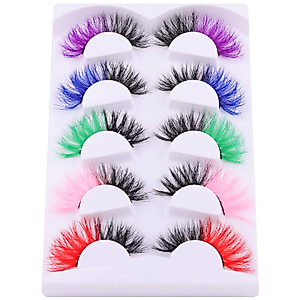 Colored Mink Lashes Fuffy 5 Colour Mixed Natueal Length Cat Eye Lashes with Half Color Dramatic Wispy Eyelashes Red Pink Green Blue Purple Soft Lashes Pack