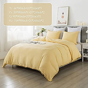 Caressma Pom Pom Fringe Boho Duvet Cover Set Queen Size, Soft Washed Microfiber 3pcs Bedding Duvet Cover, All Season Yellow Comforter Cover Set with Zipper Closure (1 Duvet Cover+2 Pillowcases)