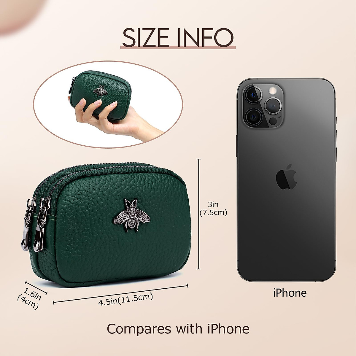 imeetu Women Leather Coin Purse, Small 2 Zippered Change Pouch Wallet(Green)