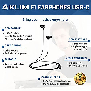 KLIM F1 USB C Earphones + New Version + Excellent Audio Quality + Durable USB C Headphones with Microphone + 5-Year Warranty + Wired USB C Earbuds Compatible Huawei Sony Samsung Headphones Type C