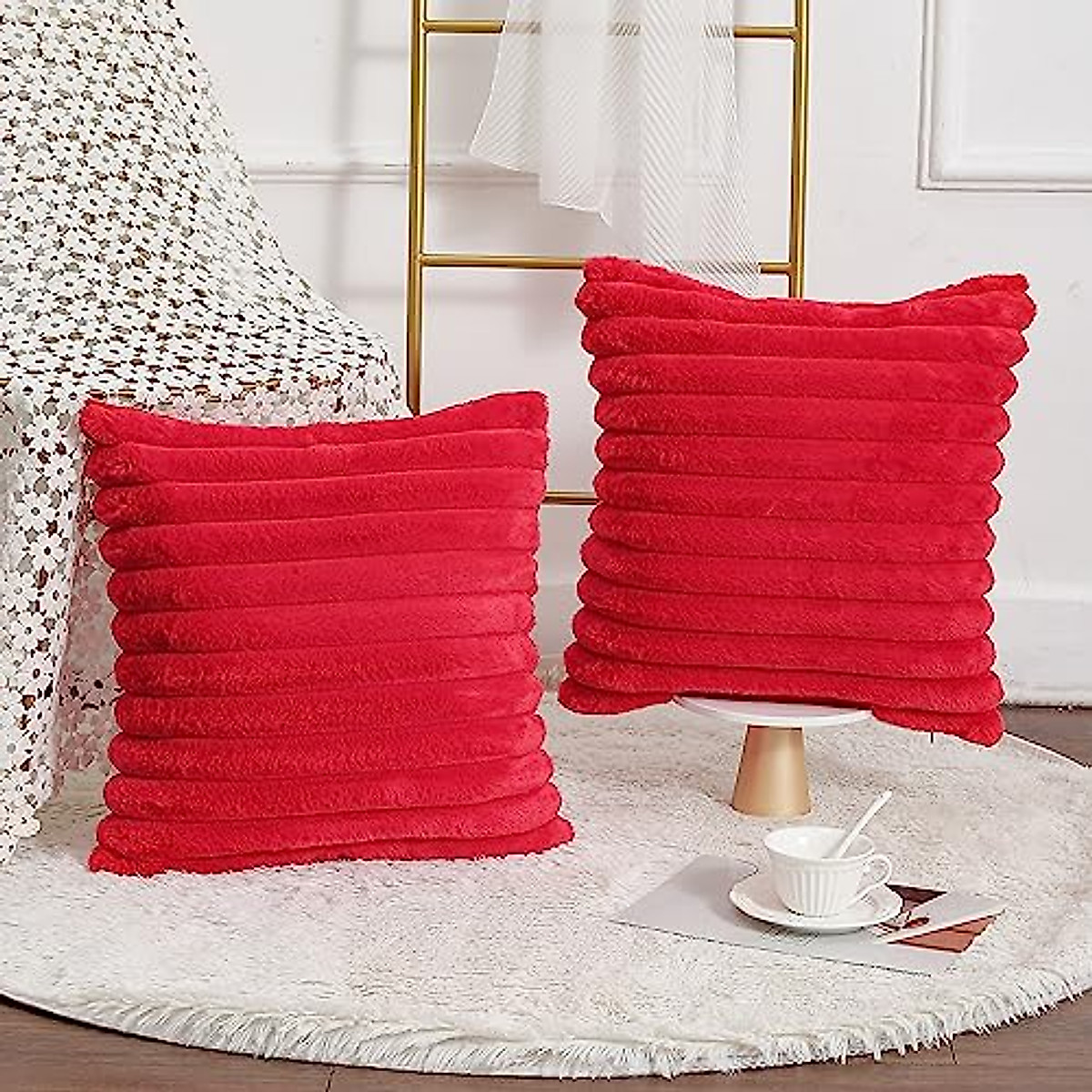 wyooxoo Pack of 2 Double-Side Faux Fur Plush Throw Pillow Covers 18x18 Soft Fluffy Striped Decorative Pillow Covers for Couch Sofa Bed Living Room (18"x18", Red)