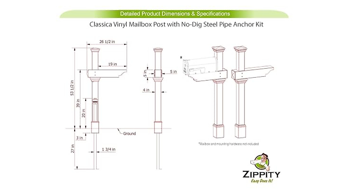 Zippity Outdoor Classica Mailbox Post - White, Easy No-Dig Installation