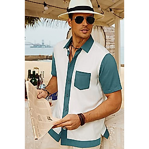 PJ PAUL JONES Men 50s Retro Bowling Shirt Short Sleeve Summer Beach Shirt White, Small