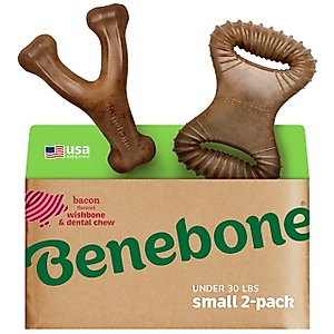 Benebone 2 Count (Pack of 1) Wishbone/Dental Durable Dog Chew Toys, Real Bacon, Made in USA, Small
