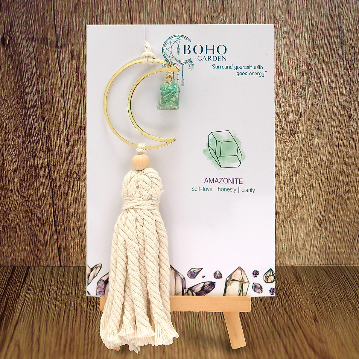 BOHO GARDEN Crystal Hanging Car Charm - Raw Amazonite - Brass Moon, Healing Crystal Accessories, Rearview Mirror Decorations - Self-Love, Honesty, Clarity, Energy