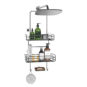 EAEREGS Shower Caddy Hanging Over Shower Head, 2-1 Black Stainless steel Shower Shelf With 2 Vintage Hooks and 1 Pack Adhesive Soap Dishes (Matte Black)