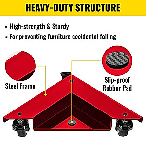 BestEquip Safe Dolly 3 Wheel (1 Locking & 2 Swivel), Corner Mover 1380 Lbs Load Capacity, Cabinet Movers Set of 4 with Fixed Rope, for Lifting and Moving Furniture, Pool Table, Low Profile Safe,Red