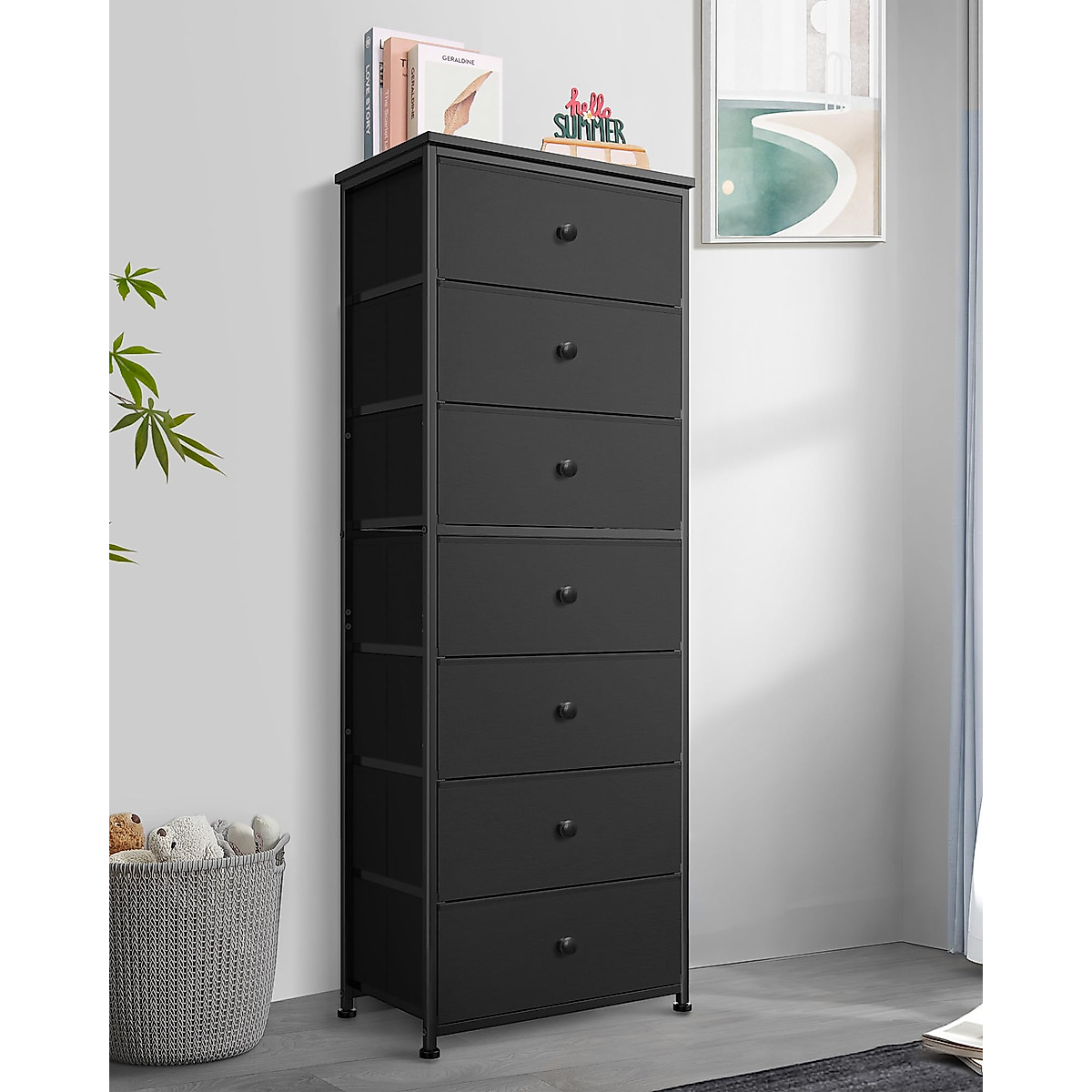 Tall Fabric Dresser for Bedroom, Vertical Storage Organizer Tower with 7 Drawers, Chest of Drawers with Bins, Steel Frame, Wood Top for Bedroom, Closet, Entryway Black