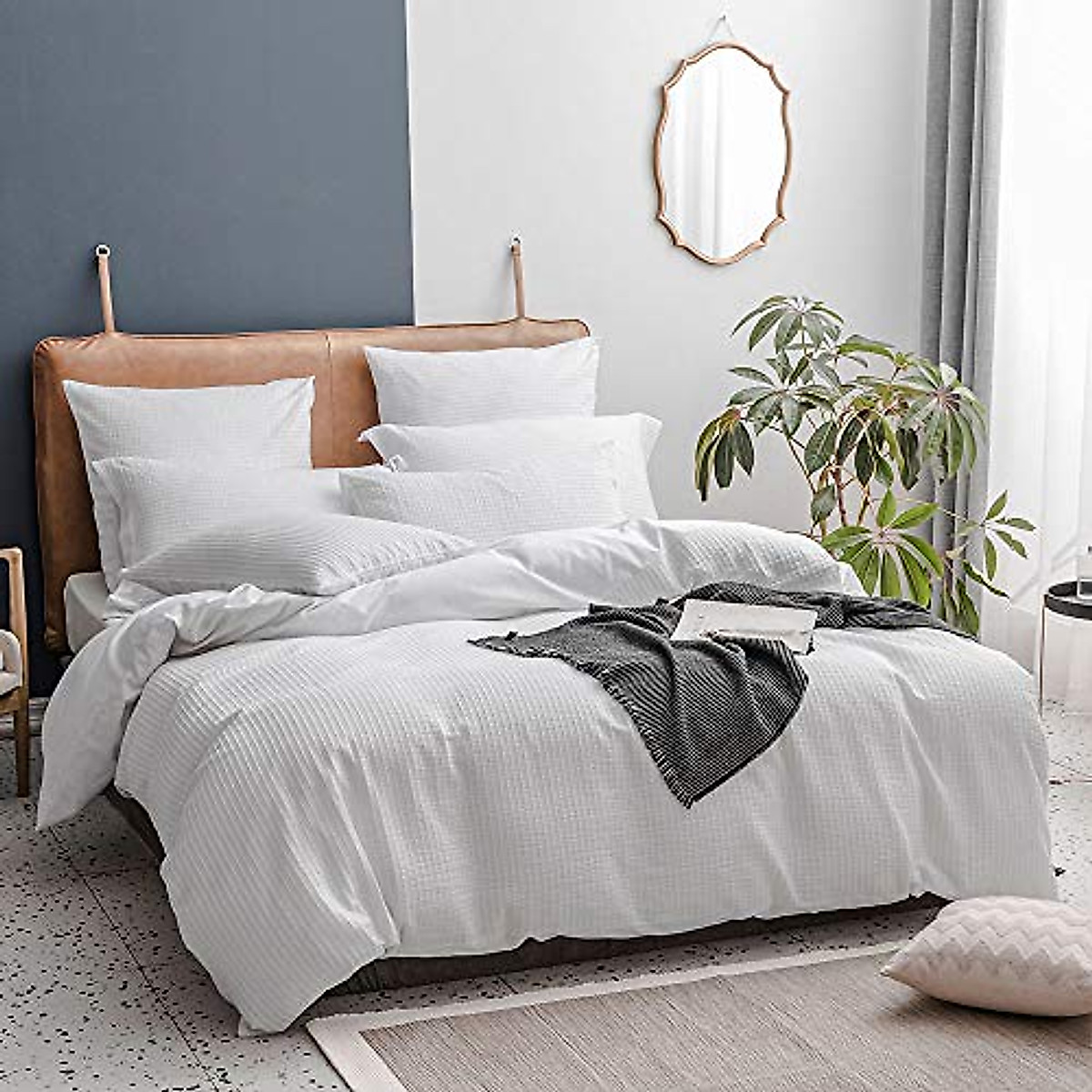 Merryfeel Seersucker Duvet Cover Set Queen Size - White Seersucker Textured Striped Bedding Set 3 Pieces (1 Duvet Cover + 2 Pillow Shams, 90 x 90 inches)