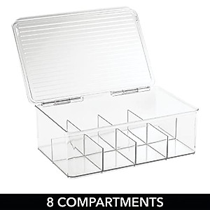 mDesign Plastic Divided First Aid Storage Box Kit with Hinge Lid for Bathroom, Kitchen, Cabinet, Closet - Organize Medicine, Ointments, Adhesive Bandages, Dental - 8 Sections, 2 Pack - Clear