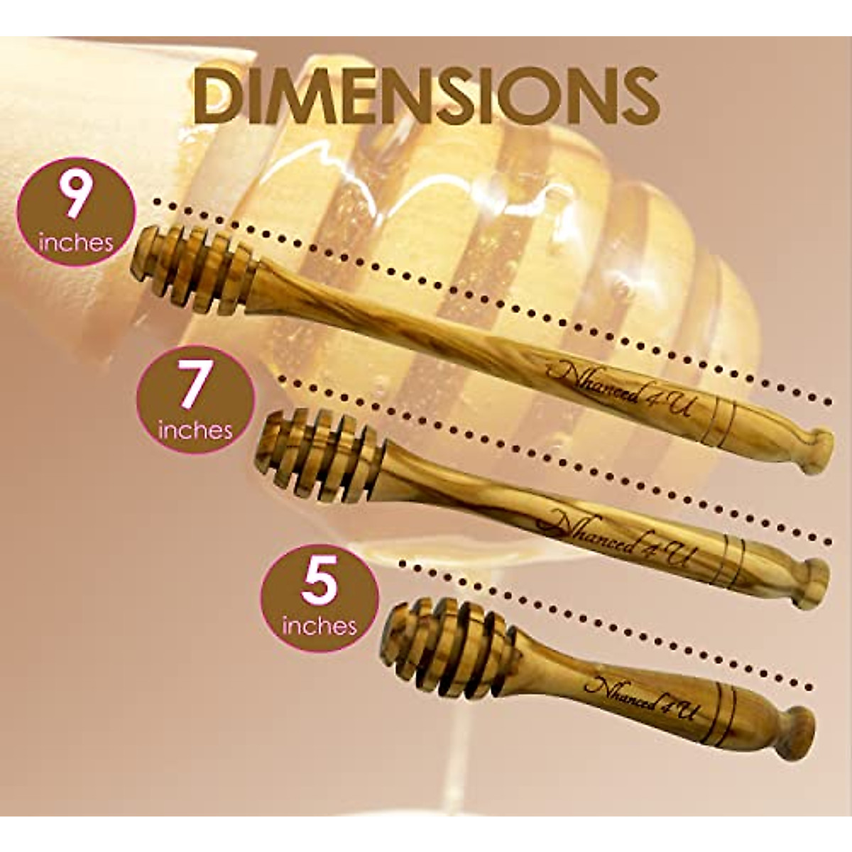 Olive Wood Honey Dipper Stick - Set of 3 (5”/7”/9”) & 1 Wooden Spoon, Use Honey Sticks for Tea & as Honey Server, Honey Dripper, Honey Spoon, Honey Drizzler, Honey Stirrers for Tea