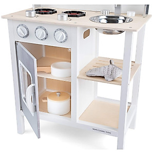 New Classic Toys White Wooden Pretend Play Toy Kitchen for Kids with Role Play Bon Appetit Included Accesoires, white/silver (11053)