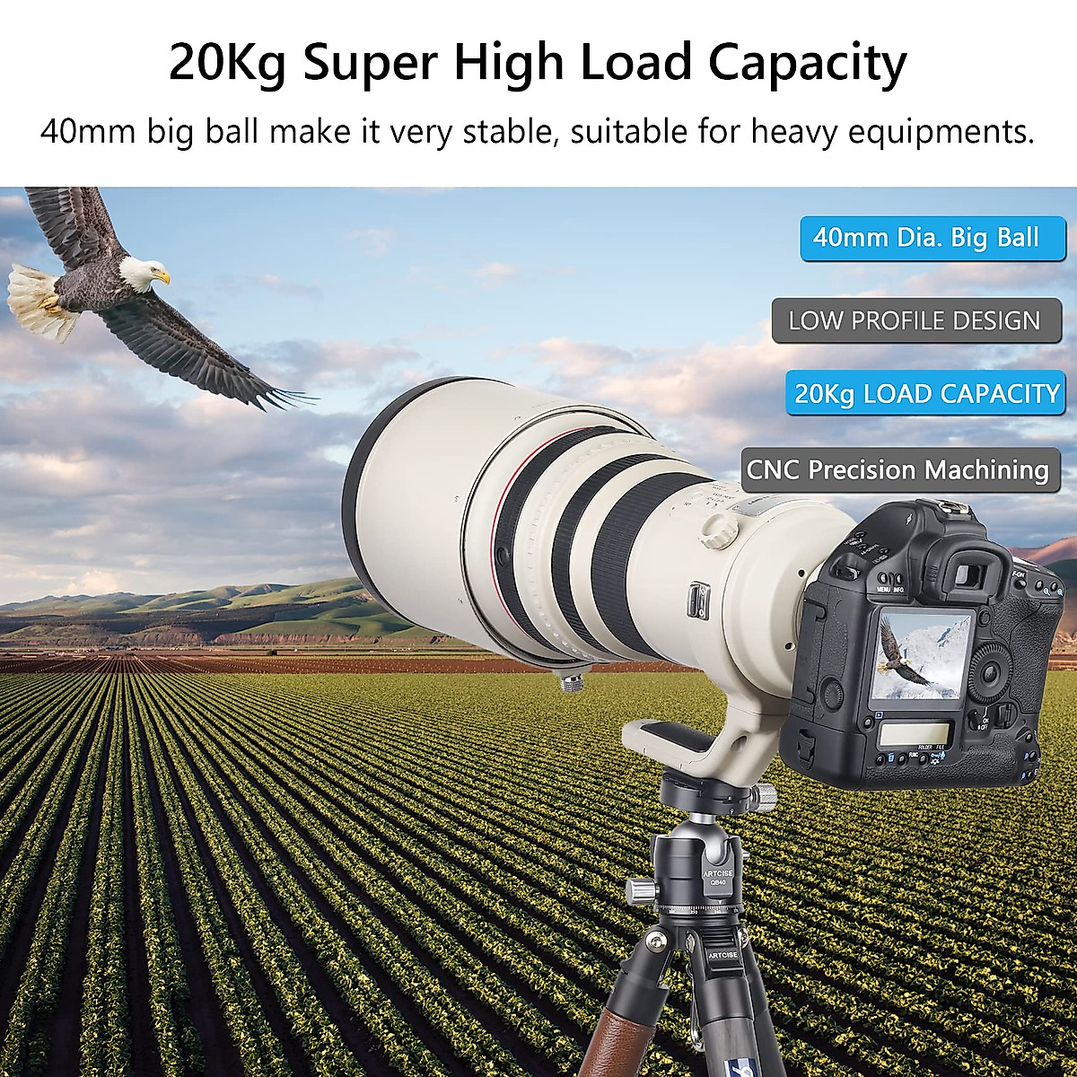 Low Profile Camera Tripod Head with 2 Arca Quick Release Plates 40mm Aluminium 360 Rotating Panoramic Ball Head Load 44lbs/20kg