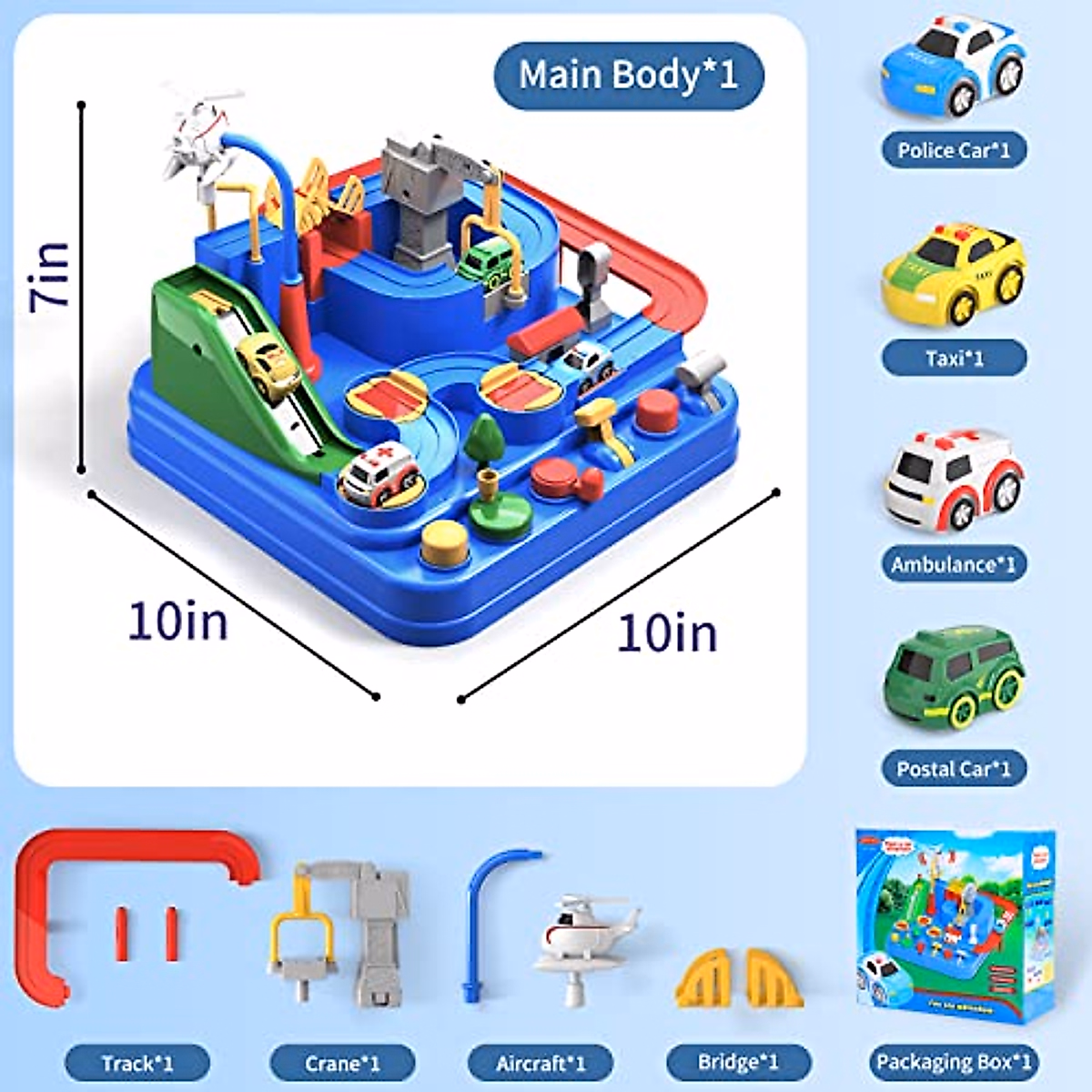 Lucky Doug Race Car Tracks for Boys, Car Rescue Adventure Toys with 4 Mini Car 6 Buttons for 3 4 5 6 Years Old Toddlers Boys Girls, Manually Operated Car Playset Education Toys for Kids Age 3+