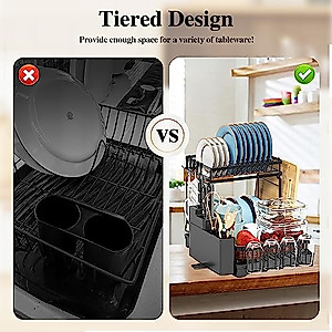 Iwaiting Outdoor Dish Drying Rack, 2 Tier Dish Dryer Rack for More Space Saving, Large Dish Rack with Sink Drainer, Durable Metal Dishrack Set, Dish Racks for Kitchen Counter Black