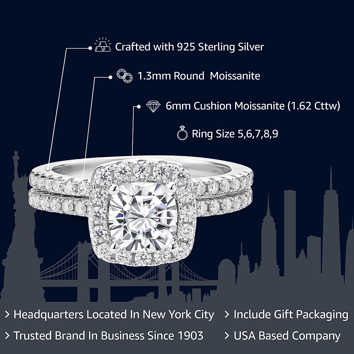 Gem Stone King 925 Sterling Silver Moissanite Women Wedding Engagement Ring Band Bridal Set (1.62 Cttw, Available in size 5, 6, 7, 8, 9)