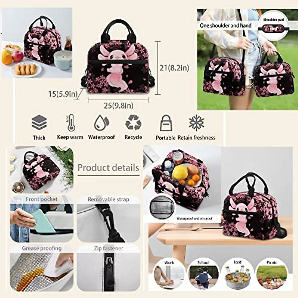Aoopistc Axolotl & Cherry Blossom School Backpack Set, Bookbag Student Book Bag Travel Daypack with Lunch Box & Water Bottle Bag for Girls