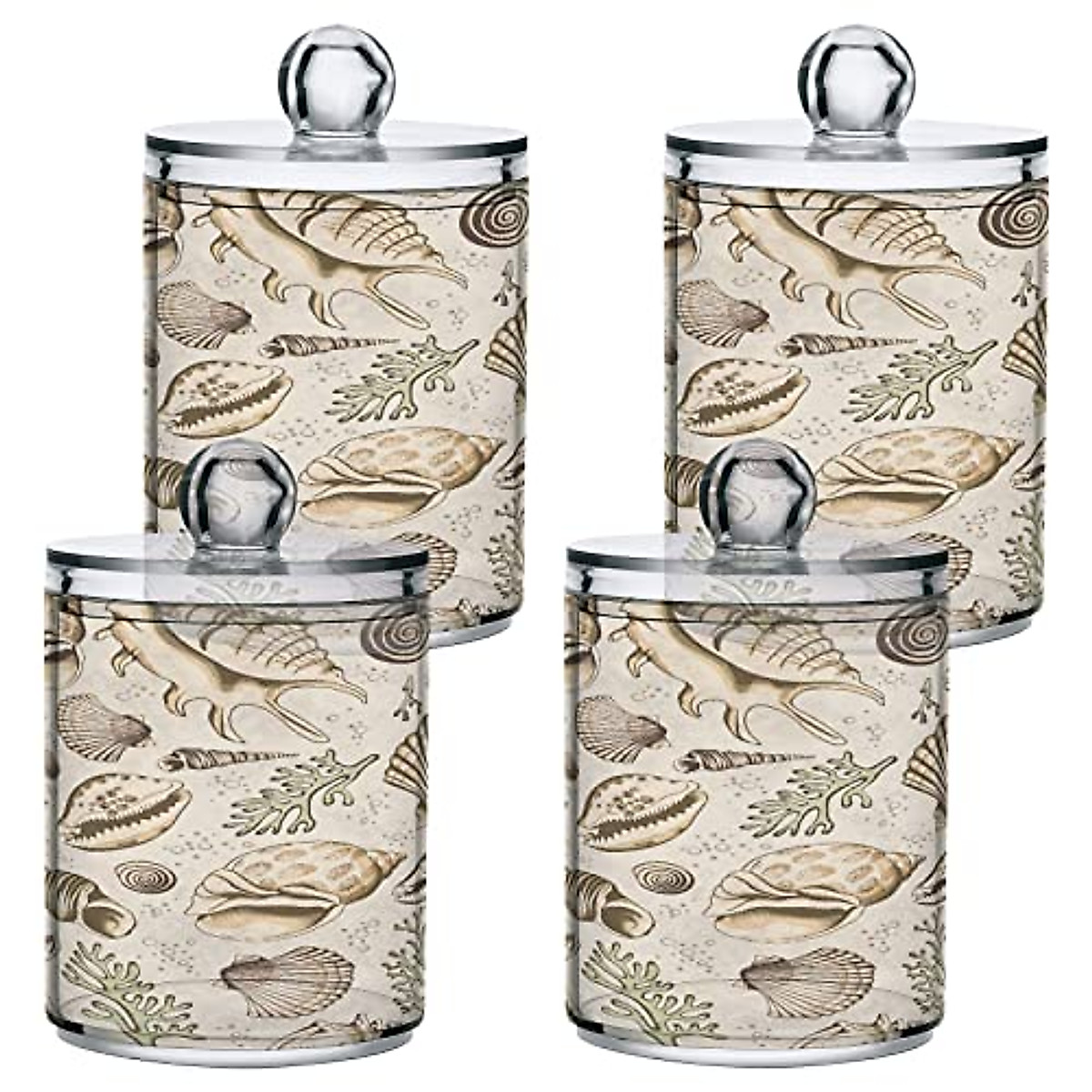 Kigai 2PCS Vintage Seashells Qtip Holder Dispenser with Lids - 14 oz Bathroom Storage Organizer Set, Clear Apothecary Jars Food Storage Containers, for Tea, Coffee, Cotton Ball, Floss