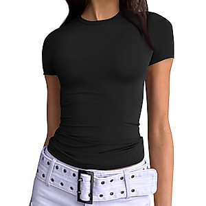 Trendy Queen Womens T Shirts Casual Basic Going Out Tops Summer Slim Fit Short Sleeve Spring Crop Tops Crew Neck Tight Y2k Clothing Teen Girls 2024 Black