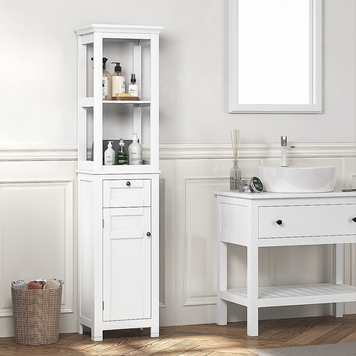 Spirich Home Bathroom Freestanding Storage Cabinet with Two Tier Open Shelves, Tall Slim Cabinet with Door and Drawer, Floor Linen Tower (White)