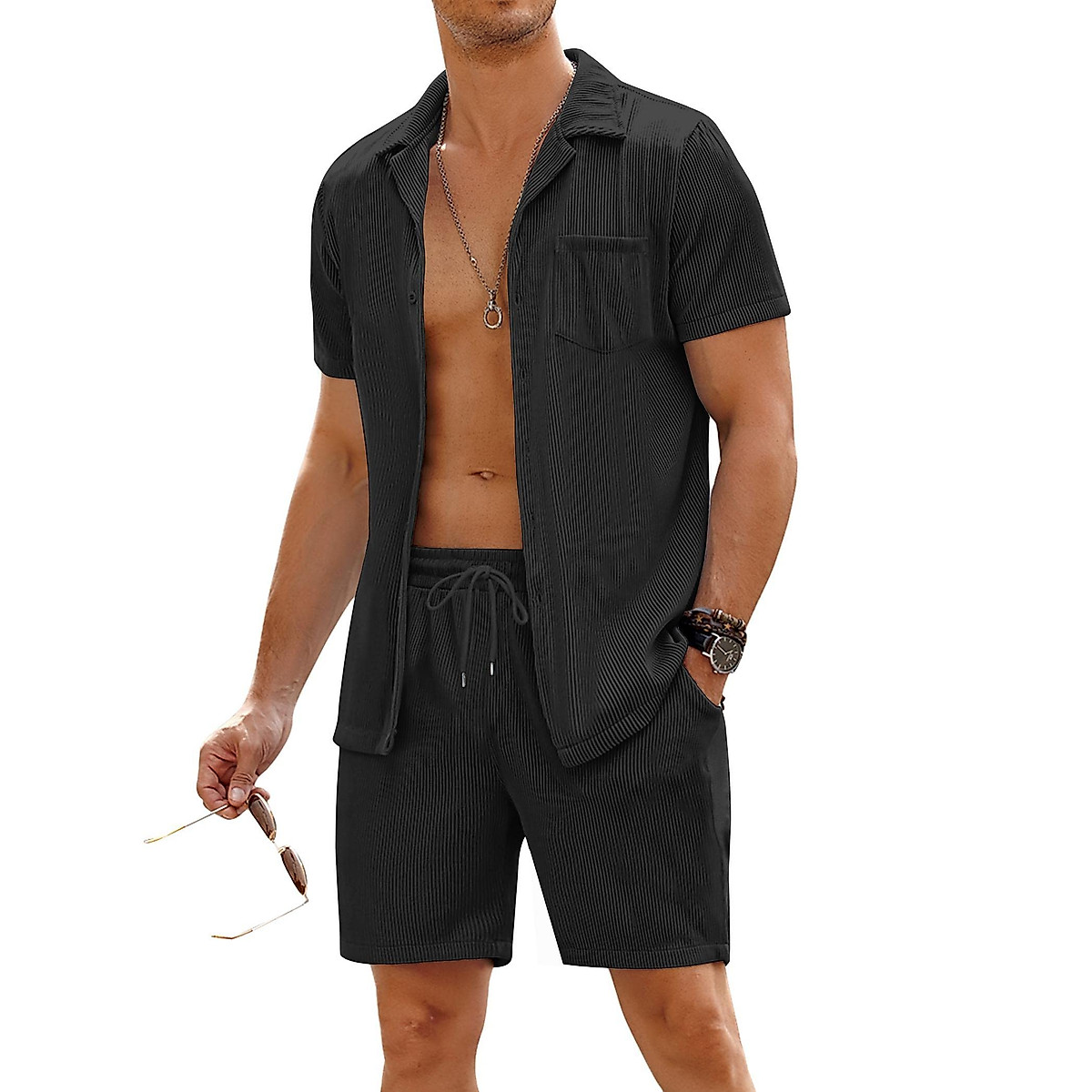 COOFANDY Men's 2 Pieces Shirt Sets Short Sleeve Casual Button Down Hippie T-Shirts Shorts Sets Summer Fashion Beach Outfits