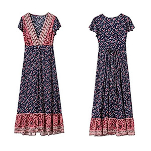 R.Vivimos Women's Summer Short Sleeve Floral Print Bohemian Beach Waist Tie Wrap Long Flowy Dress with Slit (XL, Dark Blue#2)