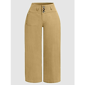 Flamingals Women's Solid Button Up Wide Leg Crop Jeans Low Waist Casual Pants Khaki