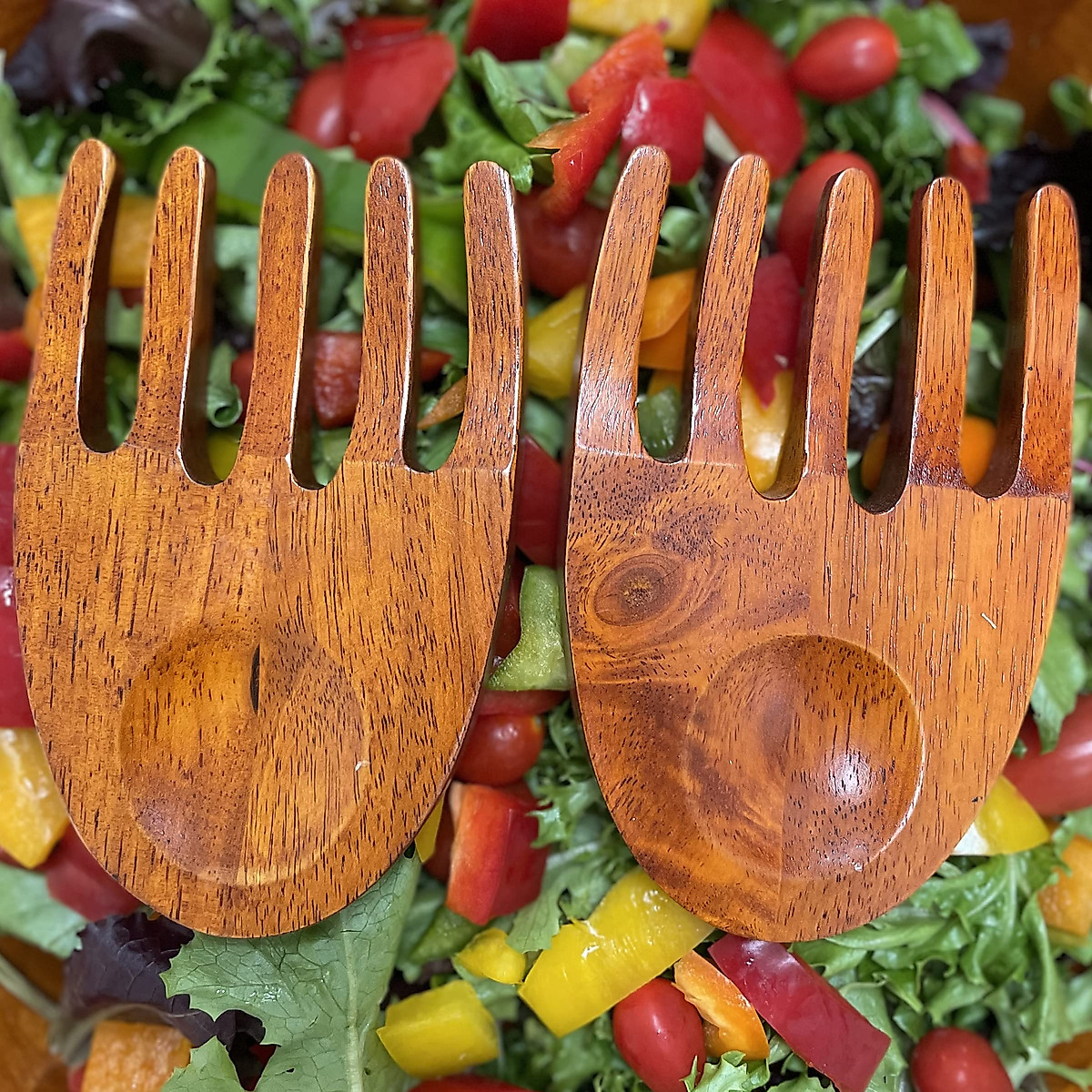 Woodard & Charles Hands Salad Servers, 6" x 4", Cherry Stain