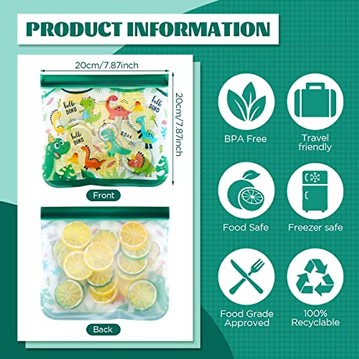 Rumia 12 Pack Reusable Food Storage Bags Dinosaur Silicone Sandwich Bags Snack Bags Leakproof Freezer Bags with Zipper Travel/Home Organization Waterproof Reusable Food Storage Bag