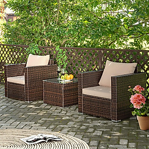 Tangkula 3 Pieces Patio Furniture Set, Outdoor Conversation Rattan Furniture Set w/Washable Cushion and Tempered Glass Tabletop, PE Rattan Wicker Sofa Set for Garden Poolside Balcony