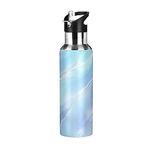 Kigai Blue Gold Marble Stainless Steel Sports Water Bottle BPA-Free Vacuum Insulated Leakproof Wide Mouth Flask with Straw Lid Keeps Liquids Cold or Hot for Gym Travel Camping