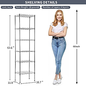 YYkokocat 6-Shelf Adjustable Storage Shelves 600Lb Capacity Metal Wire Shelving Unit Storage Rack for Kitchen Bathroom Corner Shelf Organizer for Small Space, 16.7D x 11.8W x 63H, Chrome