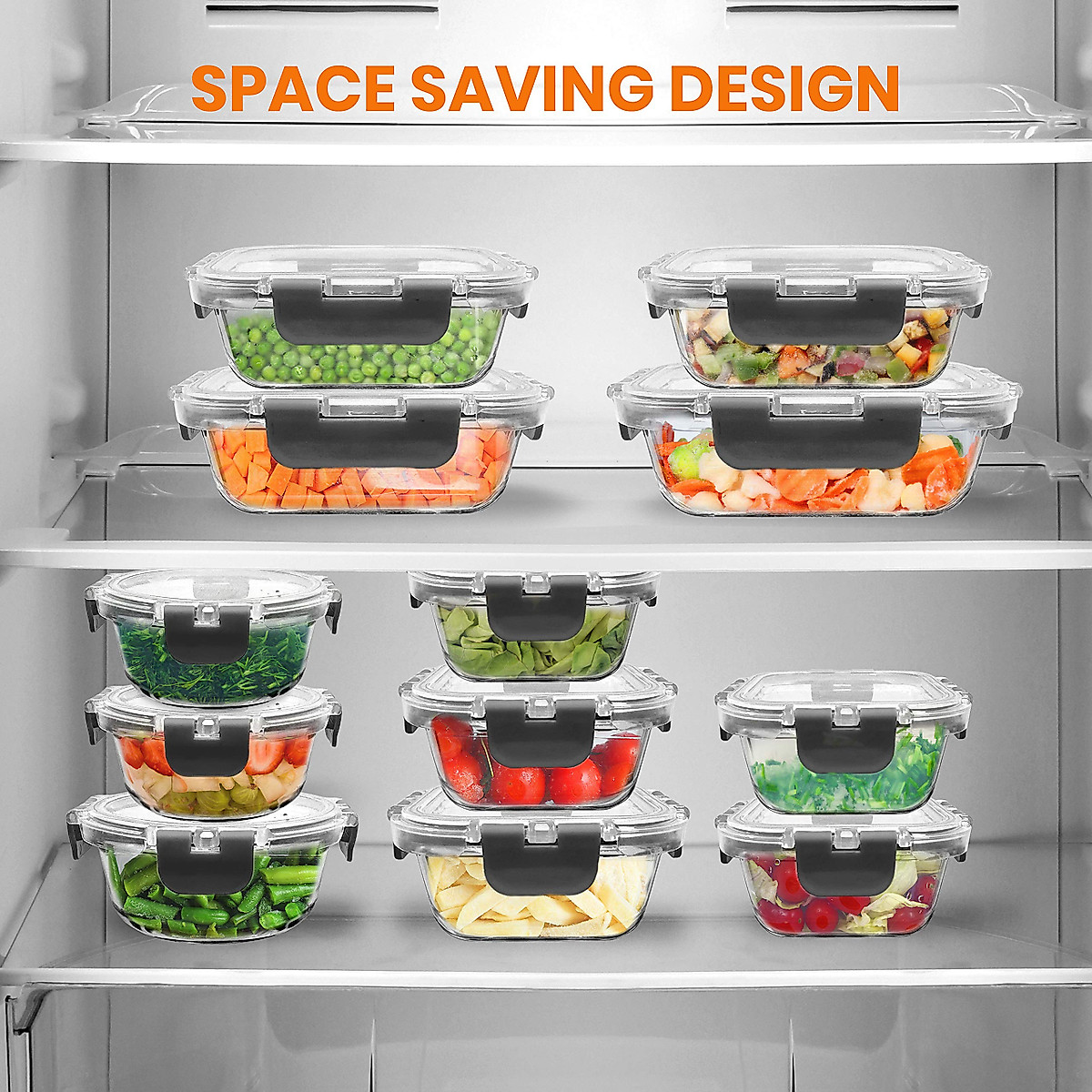 NutriChef Superior Glass Food Storage - 24-Piece Stackable, Meal-prep Containers w/ Newly Innovated Hinged BPA-Free 100% Leakproof Locking Lids - Freezer-to-Oven-Safe NCGLGY (Gray)
