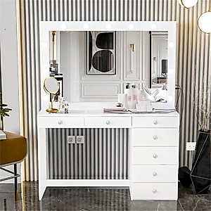 Boahaus Serena LARGE Makeup Vanity with Hollywood Lights Built-in, 7 Drawers, Hollywood Mirror, Hairdryer Hanger, Glass Top, Crystal Ball Knobs, White Vanity Makeup Desk for Bedroom, 58''Hx47''Wx17''D