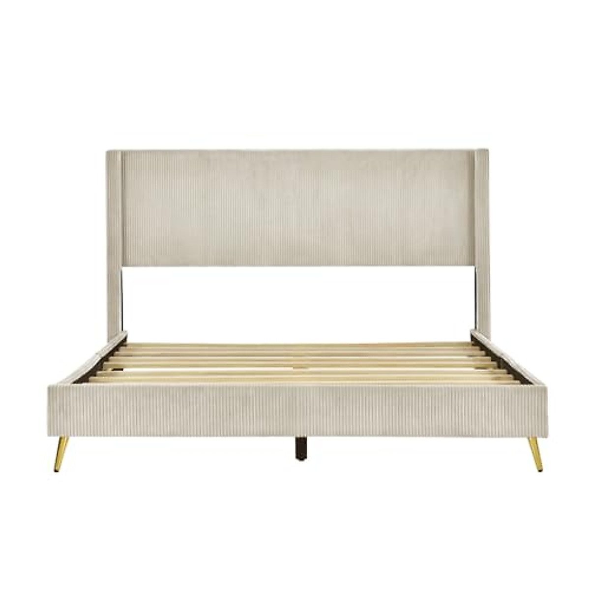 Queen Size Platform Bed Corduroy Upholstered Platform Bed with Wingback Headboard Queen Bed Frame with Metal Legs and Strong Wooden Slats, No Box Spring Needed, Noise Free, Easy Assembly, Beige
