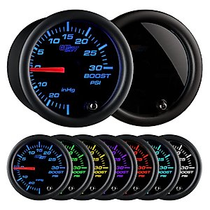 GlowShift Tinted 7 Color 30 PSI Turbo Boost/Vacuum Gauge Kit - includes Mechanical Hose & T-Fitting - Black Dial - Smoked Lens - for Car & Truck - 2-1/16" 52mm