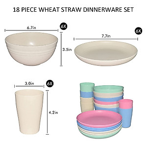 DELMONCART Wheat Straw Dinnerware Set of 6,18 Pieces Multicolor Reusable Lightweight Cereal Soup Rice Plates Bowls Cups and Spoons For Adults, Unbreakable Plastic Outdoor Camping Dishes