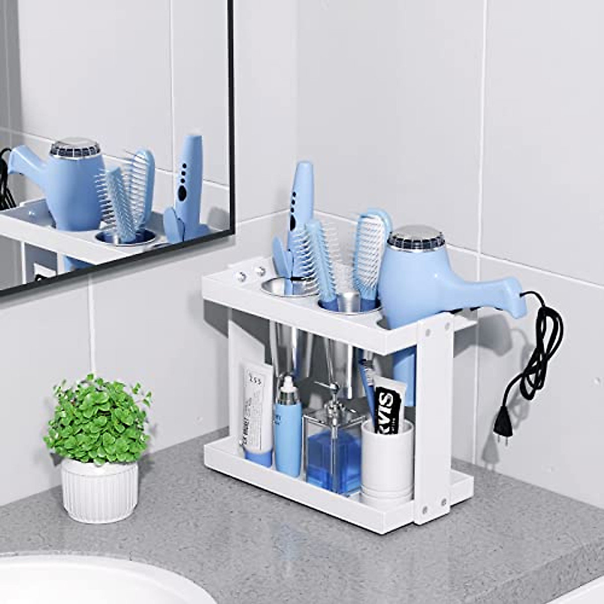 HIIMIEI Hair Tool Organizer, White Acrylic Blow Dryer and Curling Iron Holder, 2 Tier Bathroom Counter Storage, Vanity hairdryer Stand for Lotion Makeup Cosmetics Perfume Makeup Toiletries