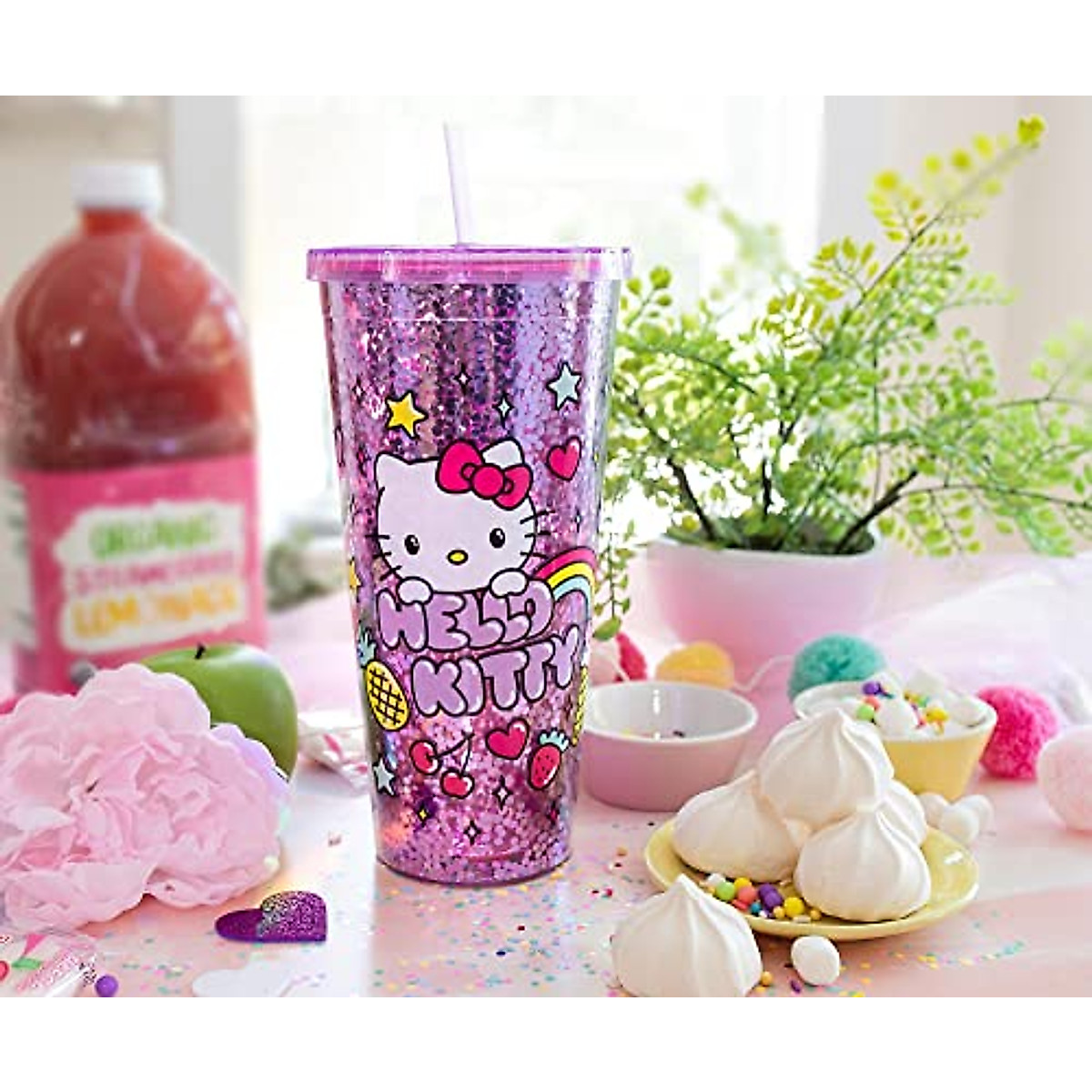 Silver Buffalo Sanrio Hello Kitty Rainbow Confetti Carnival Cup with Lid and Straw | 32 Ounces