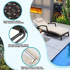 HOMREST Chaise Lounge Chairs Set of 2 for Outside, Adjustable 5 Position Outdoor PE Rattan Wicker Patio Pool Lounge Chair with Arm, Cushion, Pillow and Wheels for Poolside Backyard Deck Porch,Khaki